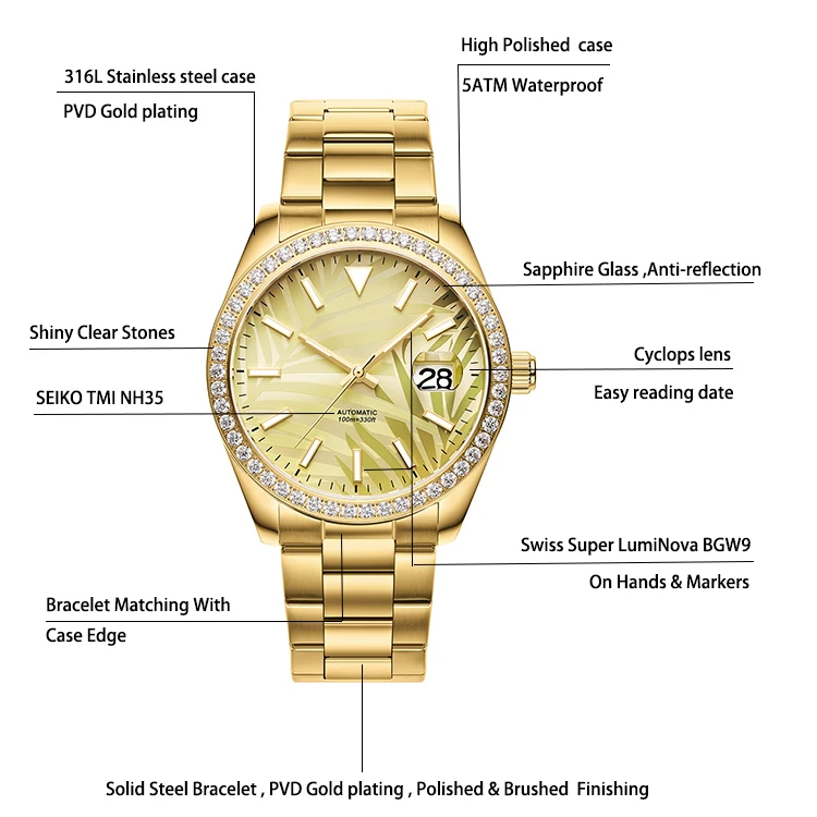 316L Stainless Steel Watch with Automatic MIYOTA Movement