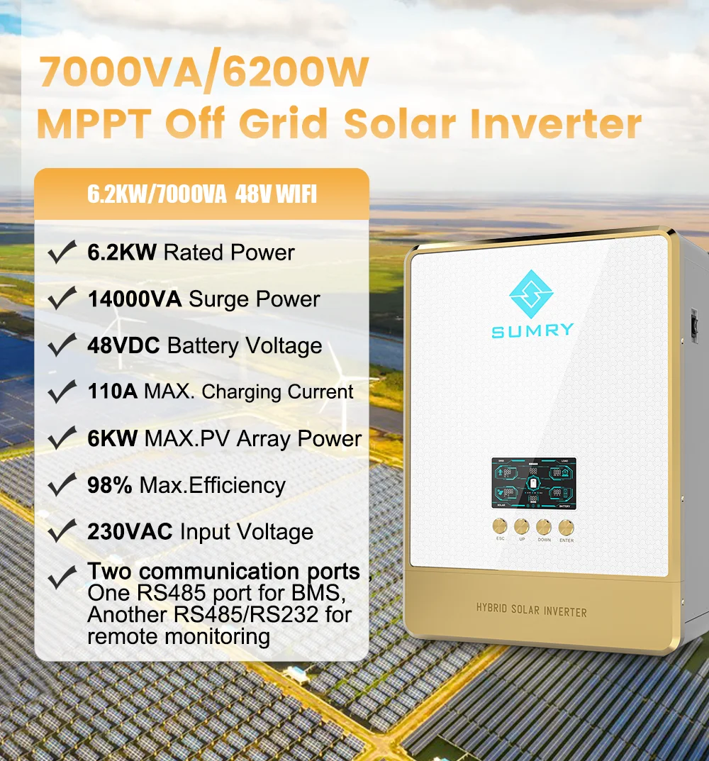 Off Grid Solar Inverter 6200w 48v Pv 55-450v Rgb Lights Wifi Monitoring ...