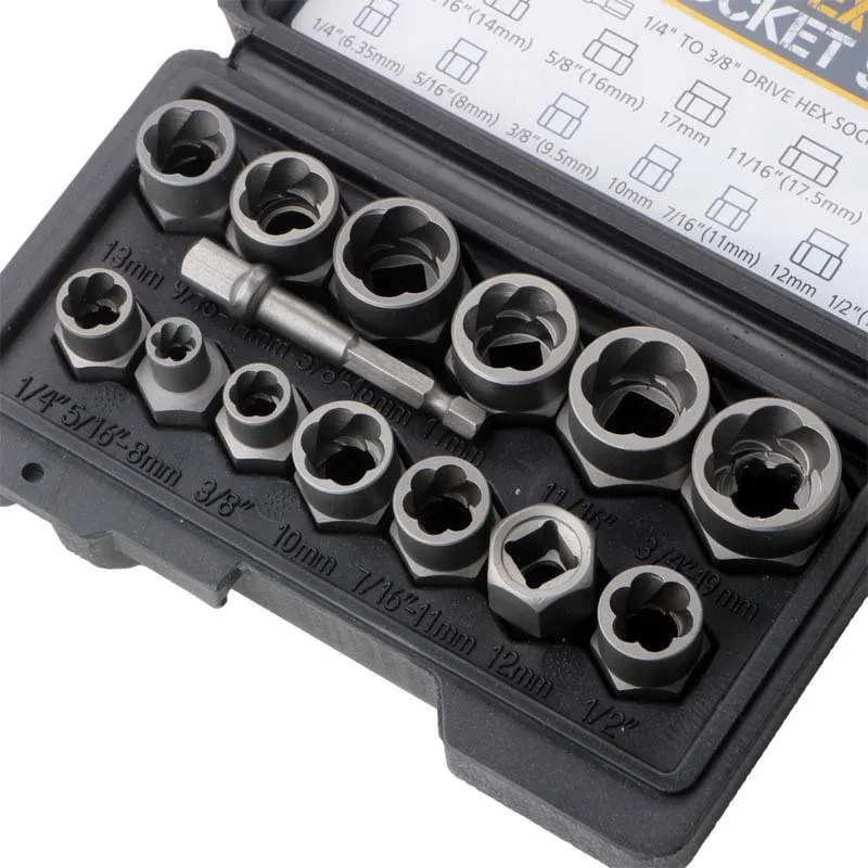14 PC Nut Bolt Grip Extractor Socket Set - Damaged Screw Remover