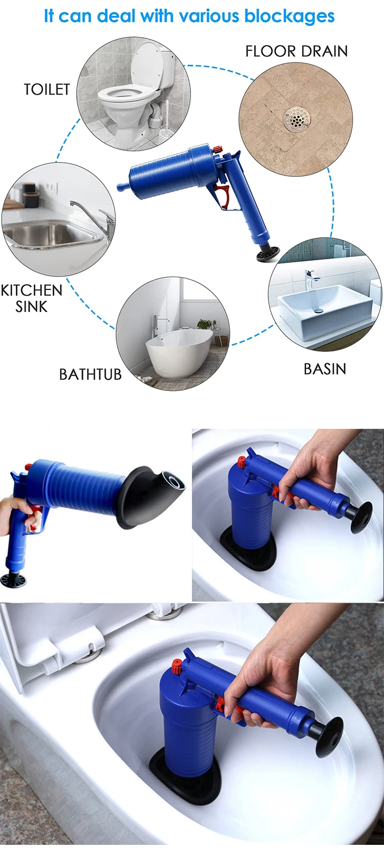 Toilet Plunger Air Pressure Plumbing Air Gun Drain Blaster Mini Toilet ...