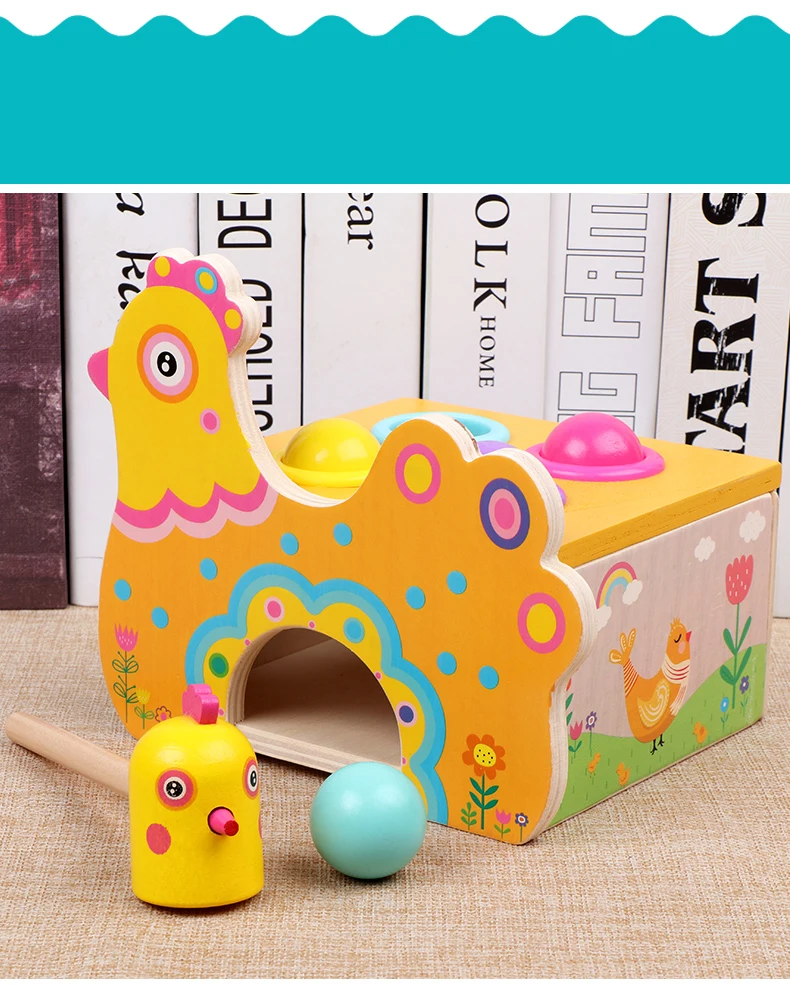 Wooden Colorful Animal Hen Hammering Ball Toys Montessori Animals Knock ...