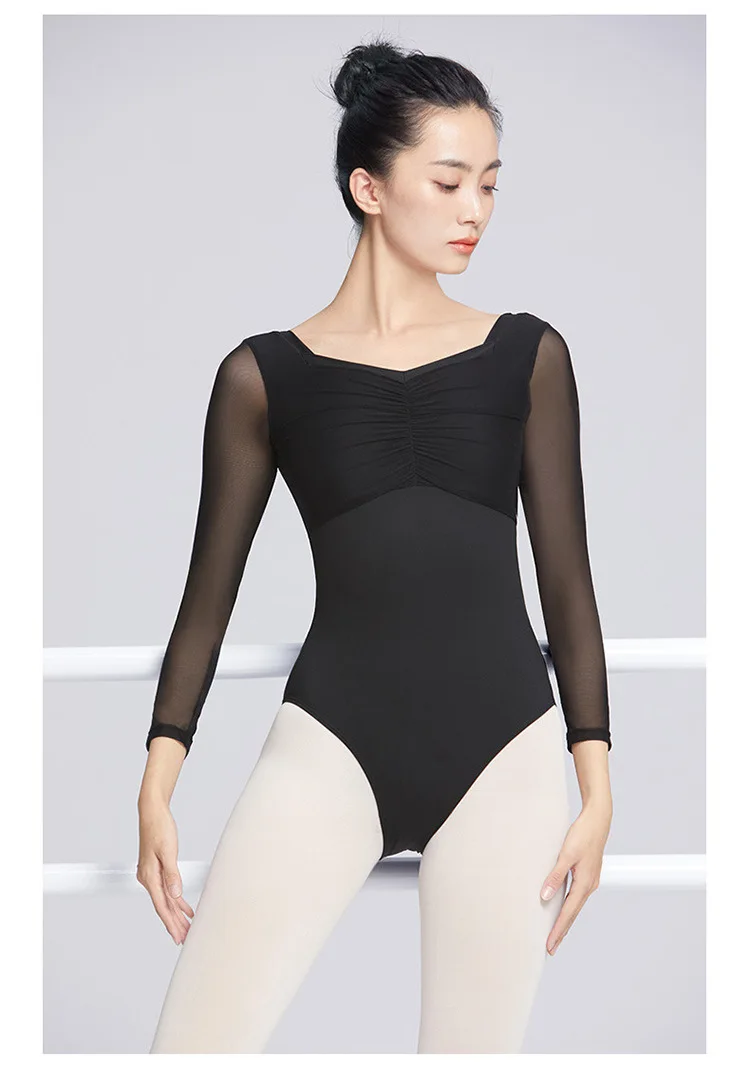 Front Pinched Leotard Long Sleeve Mesh Leotards Dancewear For Women ...