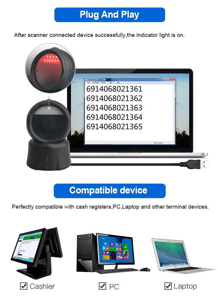 1D 2D QR Code Reader DataMatrix PDF417 USB Desktop Omnidirectional ...