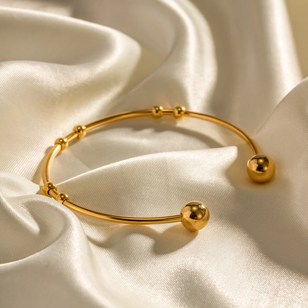 Ball Cuff Bangle - 18K Gold Plated Stainless Steel Bracelet