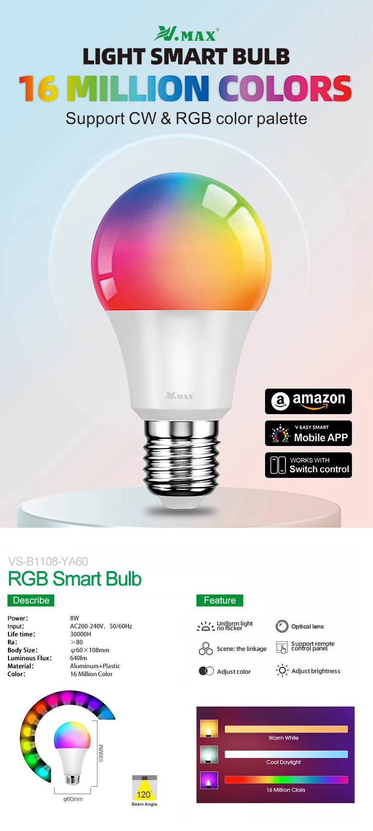 Smart Bulbs Vmax 8W LED RGB Lamp with Motion Sensor & App Control ...