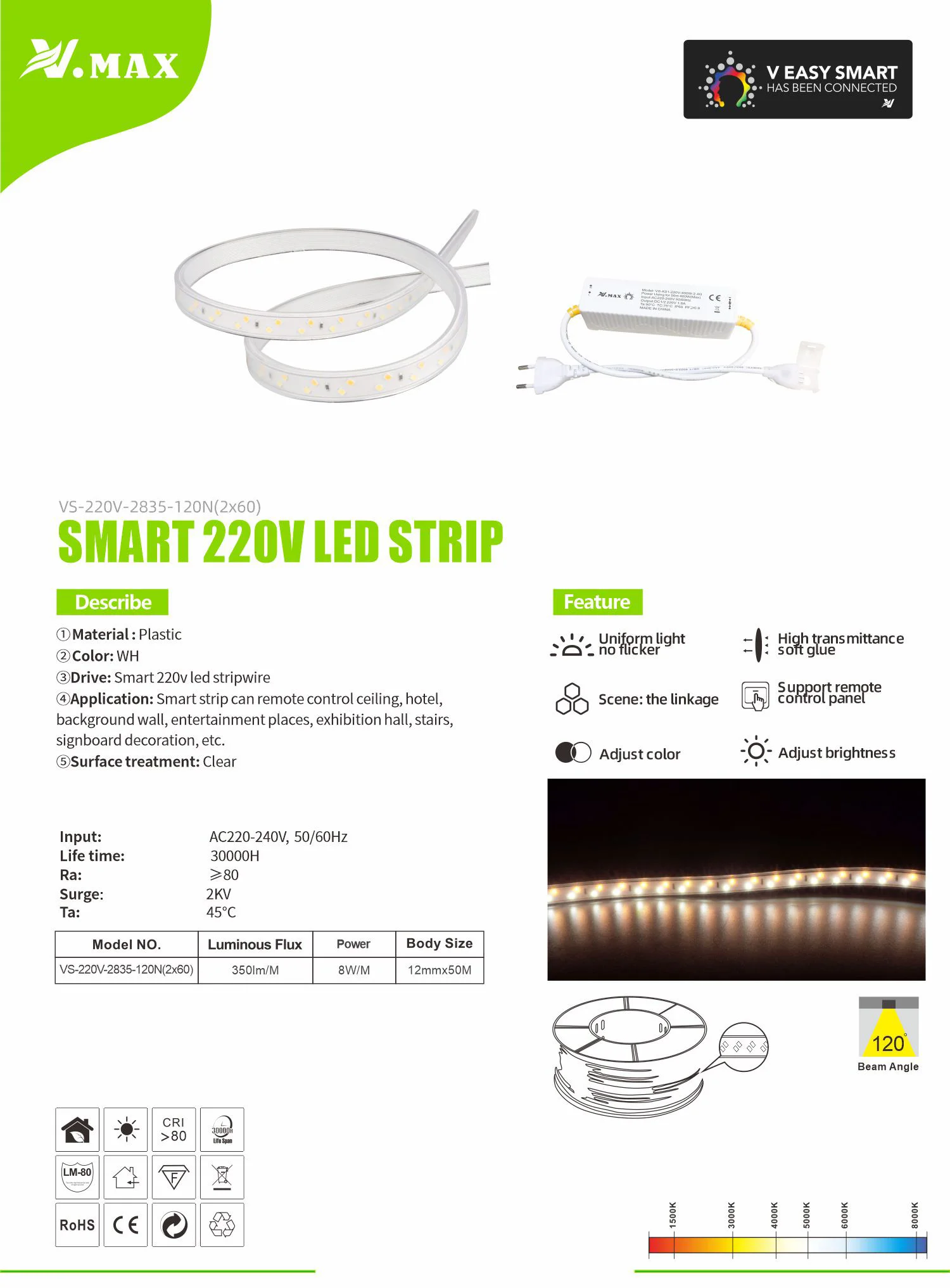 Vmax Smart 220V Waterproof LED Strip Lights - 30000 Hours
