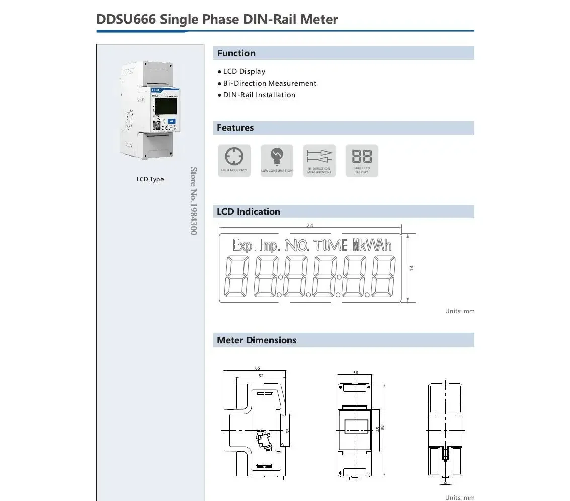 CHINT DDSU666 Single Phase Din-Rail Energy Meter - 100A 80A CT RS485 Modbus