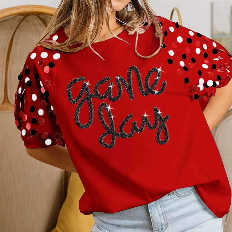 Custom Letter Game Day Metallic Letter Spangle Raglan Sleeve Top WOMAN ...