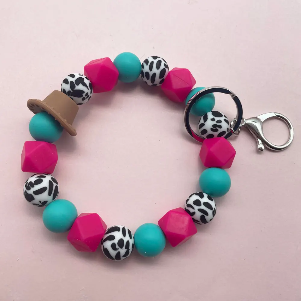 Western Cowboy Hat Cow Head Silicone Beads Wristlet Keychains Bracelet ...