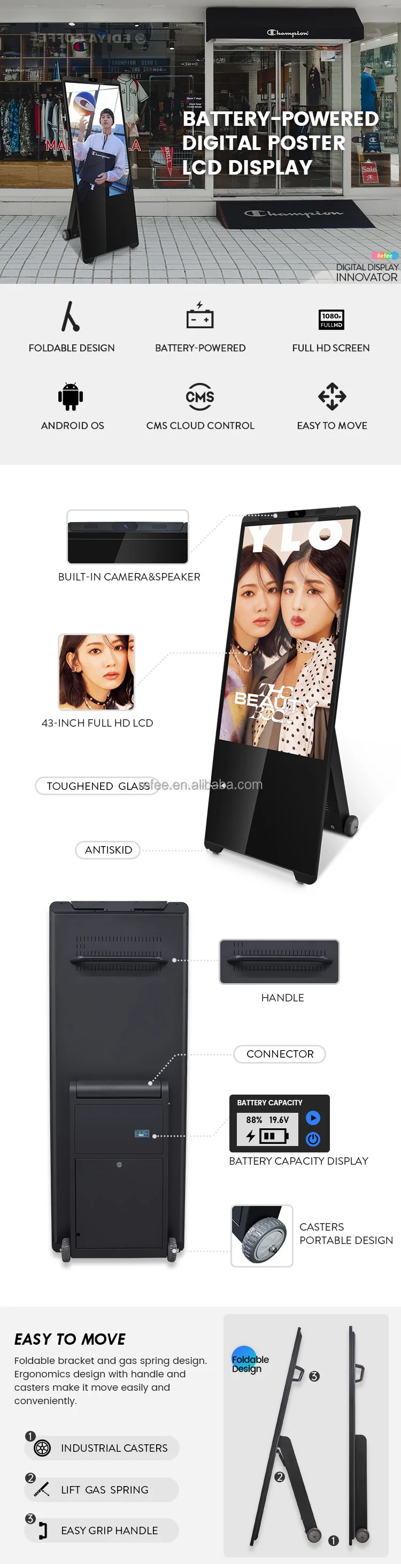 43 Inch Battery Powered Digital Poster Portable Advertising Boards ...