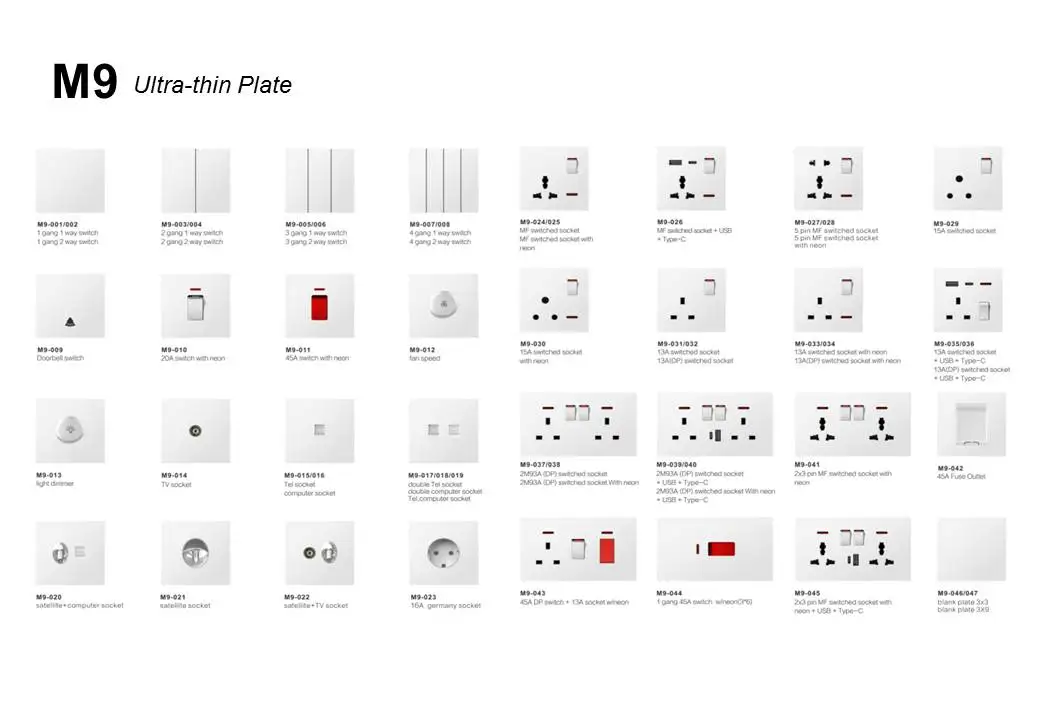 M9 Wall Switch USB Type C Big Button UK Standard BS 13A Socket