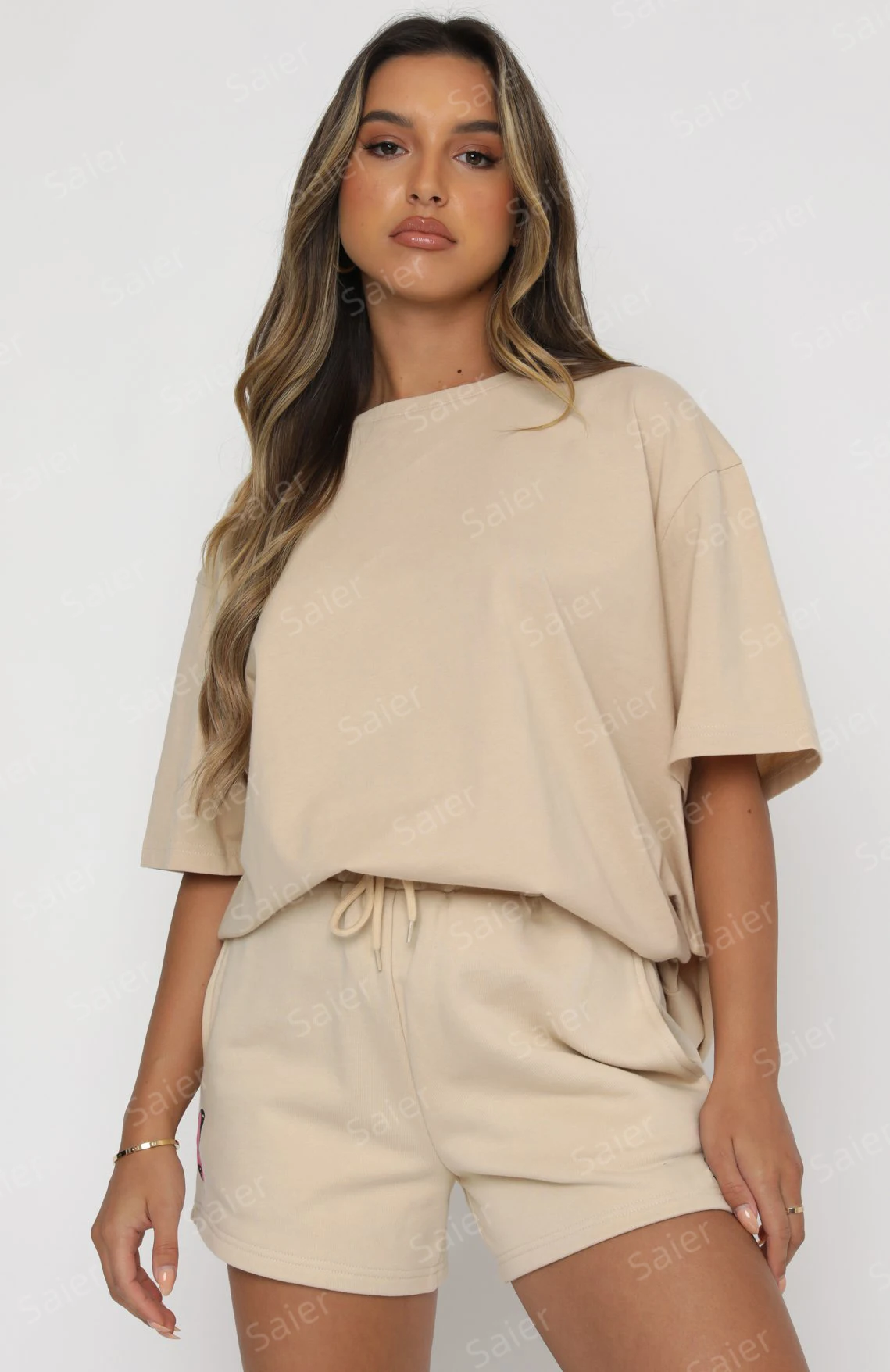 Custom Two Piece T Shirt And Sweat Short Set Women Summer Solid Color ...