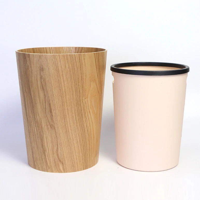 Round Wood Bin with Plastic Inner Bucket - Double Layer Trash Can