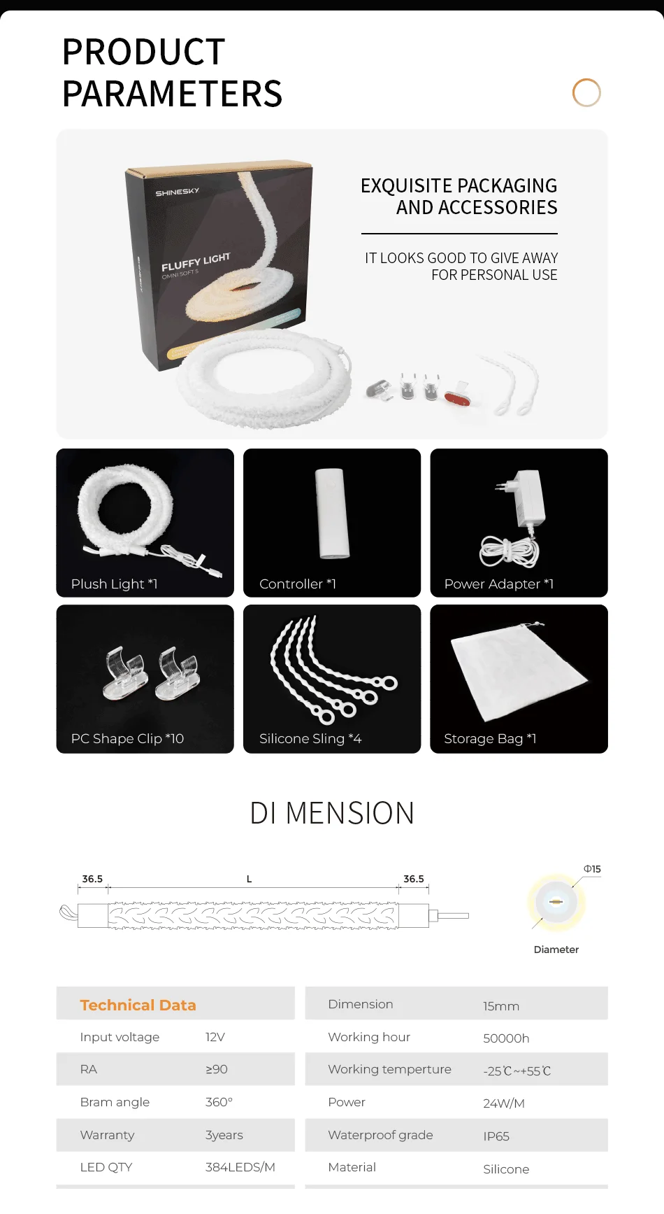 SHINESKY 360° Plush Neon LED Strip Light Flexible Silicone DC12V Round Ambient Lighting for Home ...