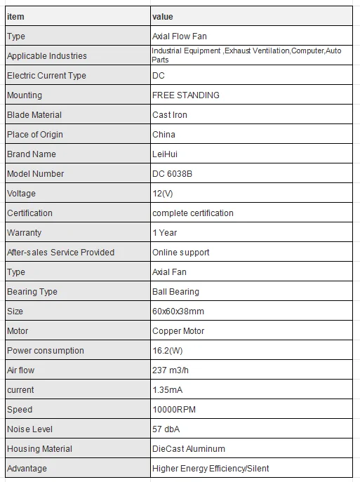 Slient Cooling Fan High Speed Housing 6038b 12v 1.35a 10000rpm Air ...