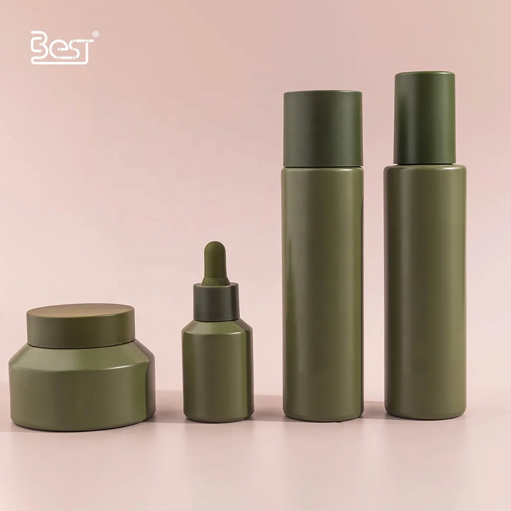 Matte Green Skincare Set Serum Cream Customized Glass Bottle And Jar ...