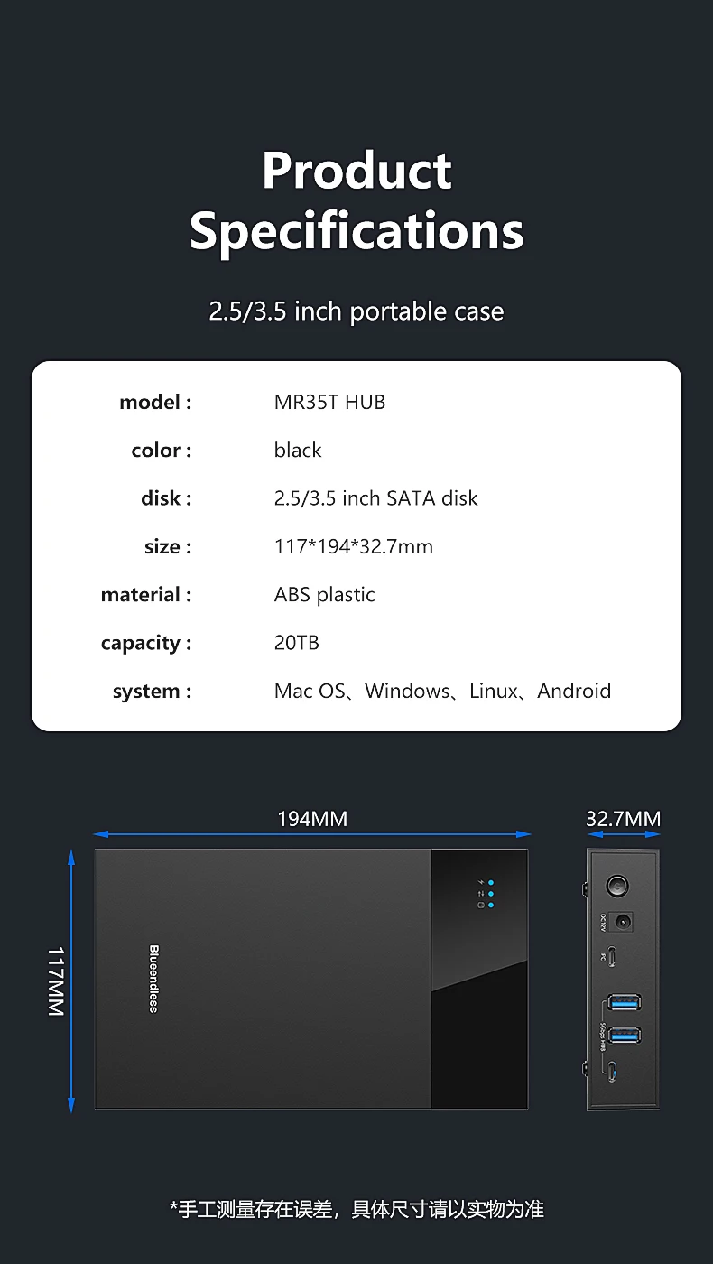 Black 2.5/3.5 Inch HDD Enclosure Case USB Type-C 2.5 3.5