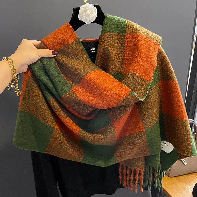 Korean Style Black Beige Checkered Winter Scarf for Women