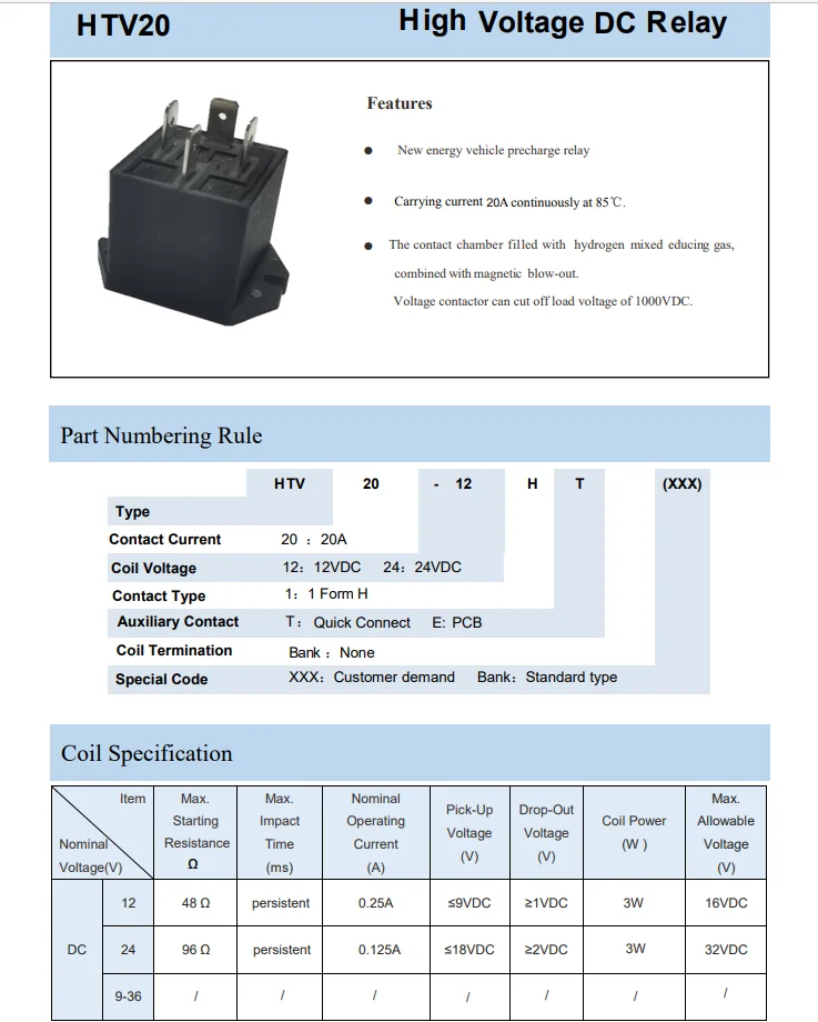 TUPOOD Precharge Relay - High Voltage 20A DC Contactor