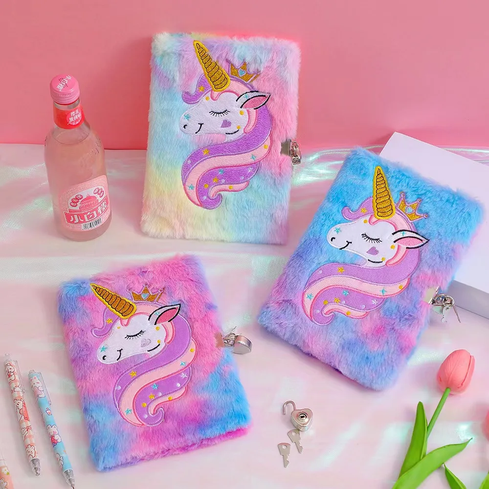 2023children's Fuzzy Diary With Lock Unicorn Cartoon Notebook Girl ...
