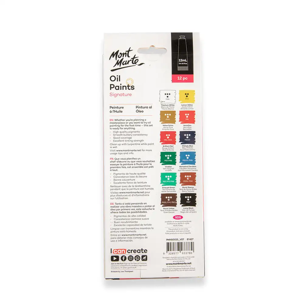 Mont Marte Oil Paints - Premium 12pc Set for Artists