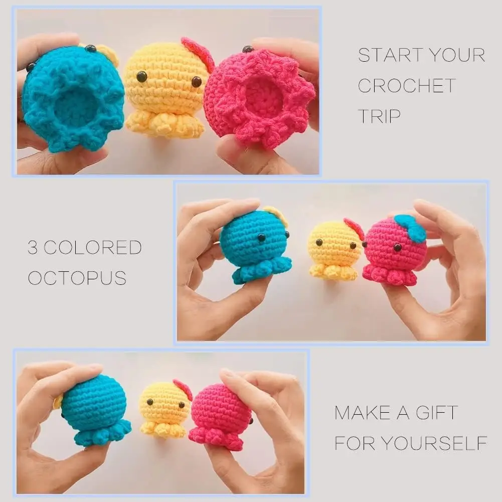DIY Mini 3-Colored Octopus Plush Toy Set All-In-One Crochet Starter Kit ...