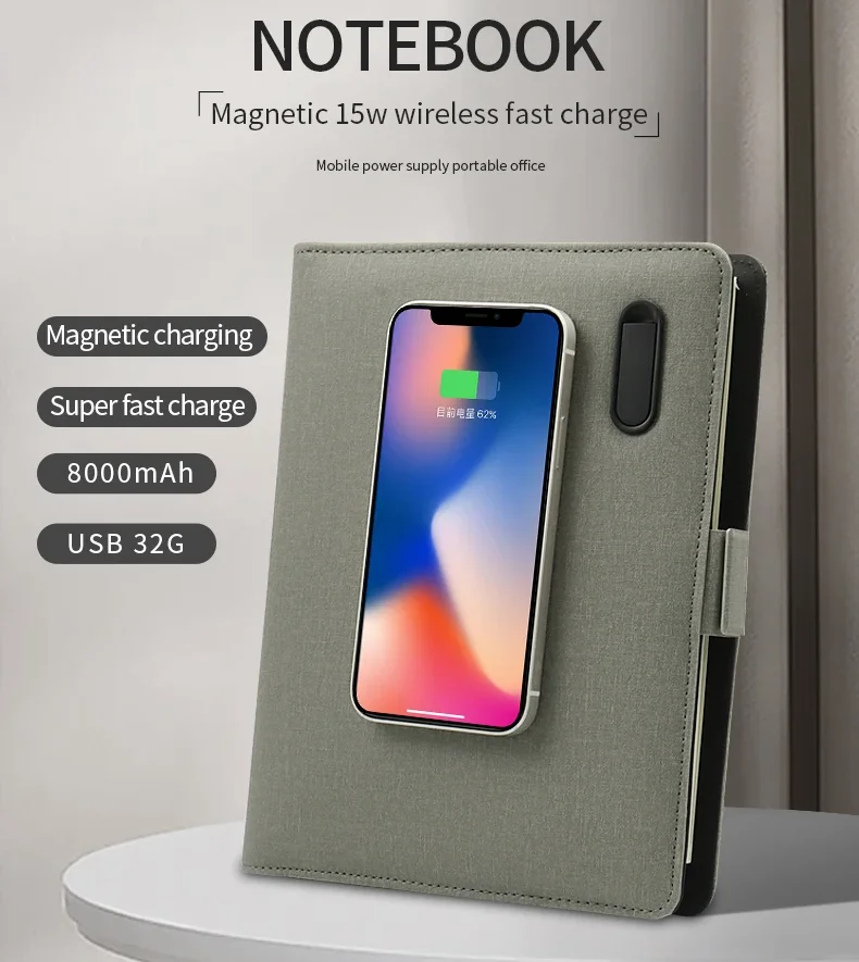 Magnetic 15W Wireless Charging Notebook with 8000mAh Power Bank and USB ...
