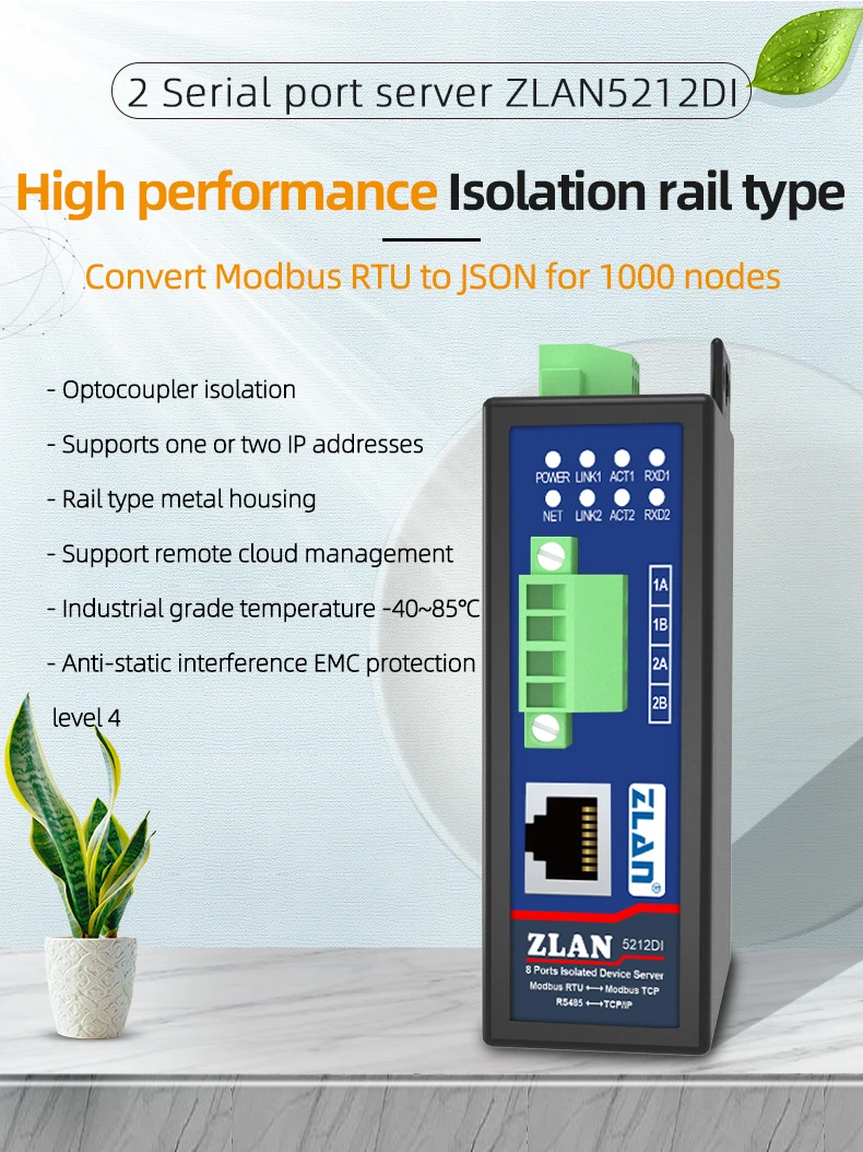 ZLAN 5212DI RS485 isolated to Ethernet MQTT gateway Two RS485 to Modbus RTU TCP serial server ...
