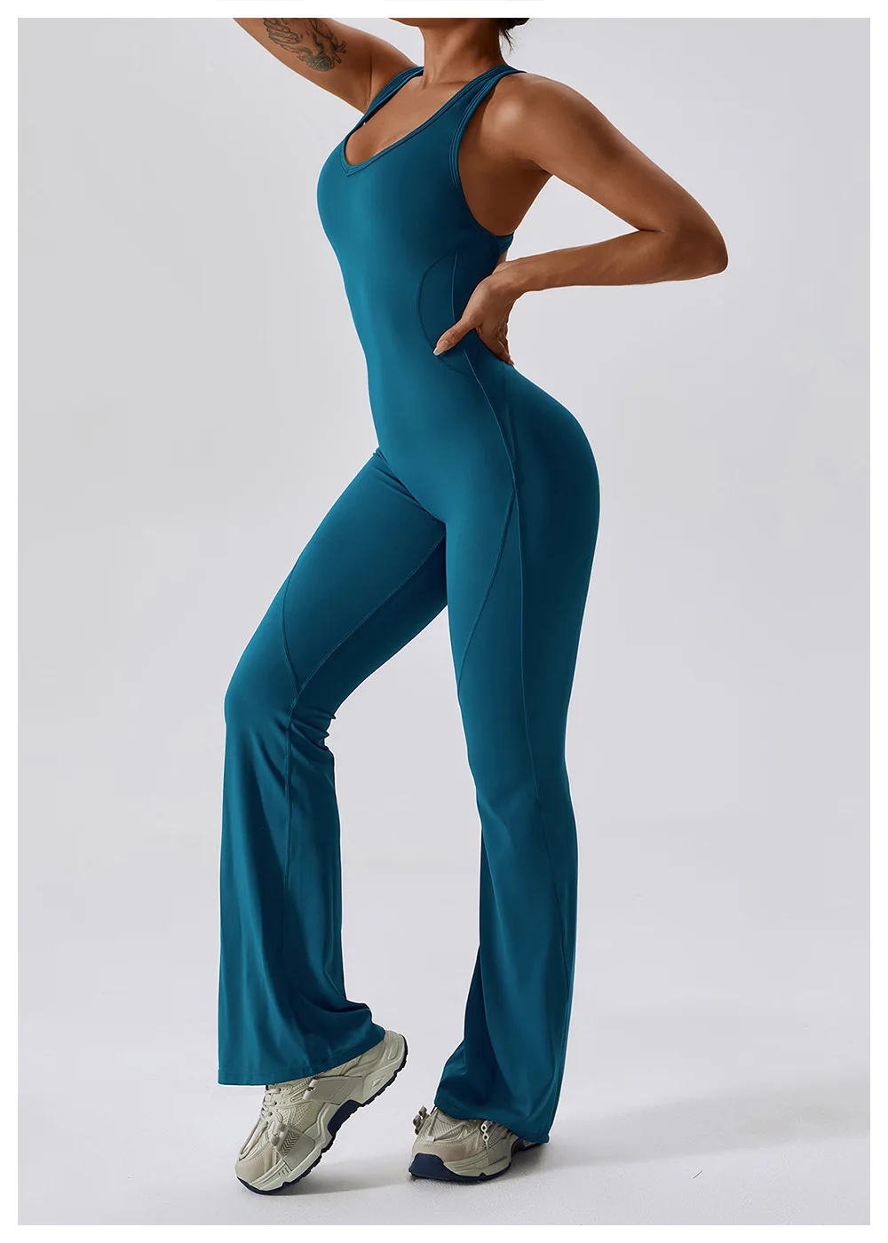 Women Workout Flare Jumpsuits Sexy Backless Gym Bodycon Scrunch Butt ...