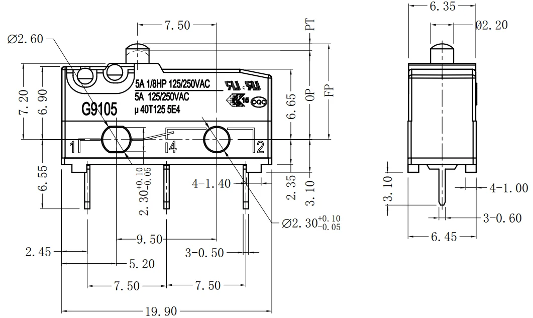 G9105 Series Micro Switch 40t125 5e4 5a 125/250vac,5a 1/8hp,125/250vac ...
