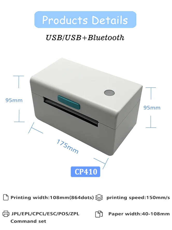 108mm Max Paper Size Thermal Printer For Shipping Labels Bluetooth