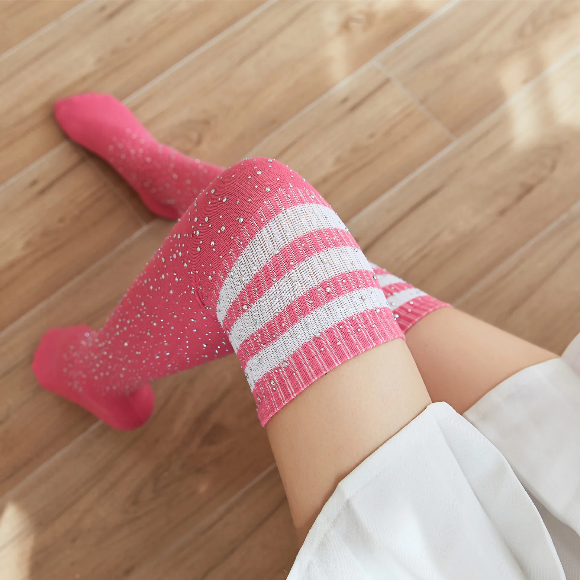 Fluorescent Striped Sparkle Glitter Rhinestone Thigh High Sexy Stocking ...