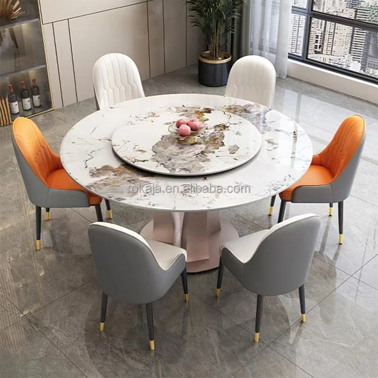 Modern Rock Slab Dining Table Gold Metal Base Sintered Stone Top Round ...