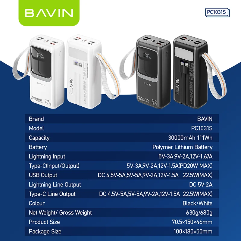 BAVIN Power Bank 30000mah - Portable Fast Charger with Cables