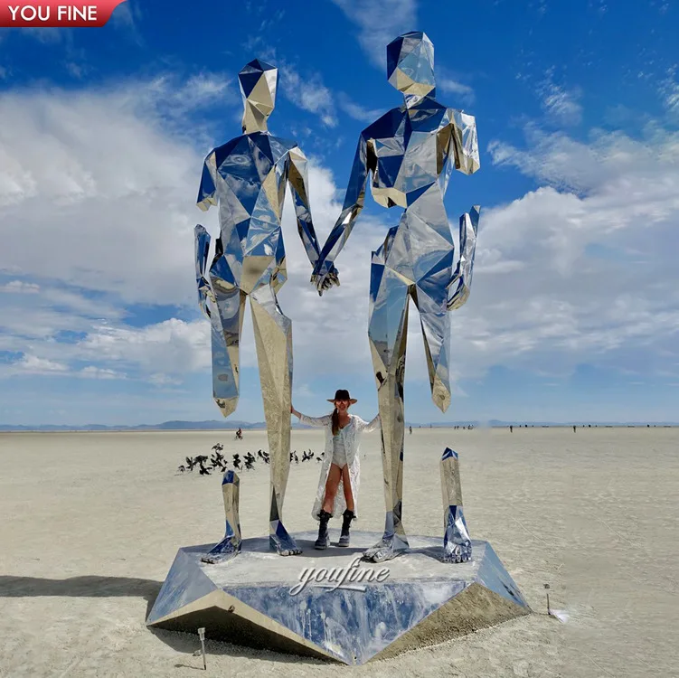 Large Square Geometry Metal Couple Statue - Stainless Steel