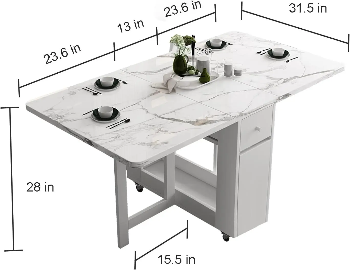 Folding White Dining Table - Space-Saving Kitchen Furniture