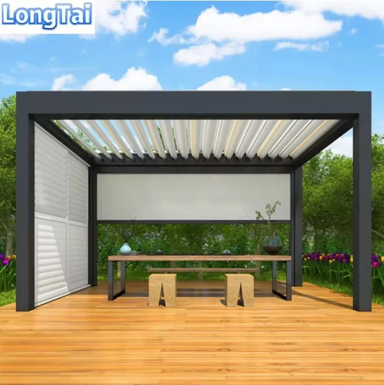 LongTai Outdoor Gazebos Pergola Canopy Solar Power Aluminum Slatted ...