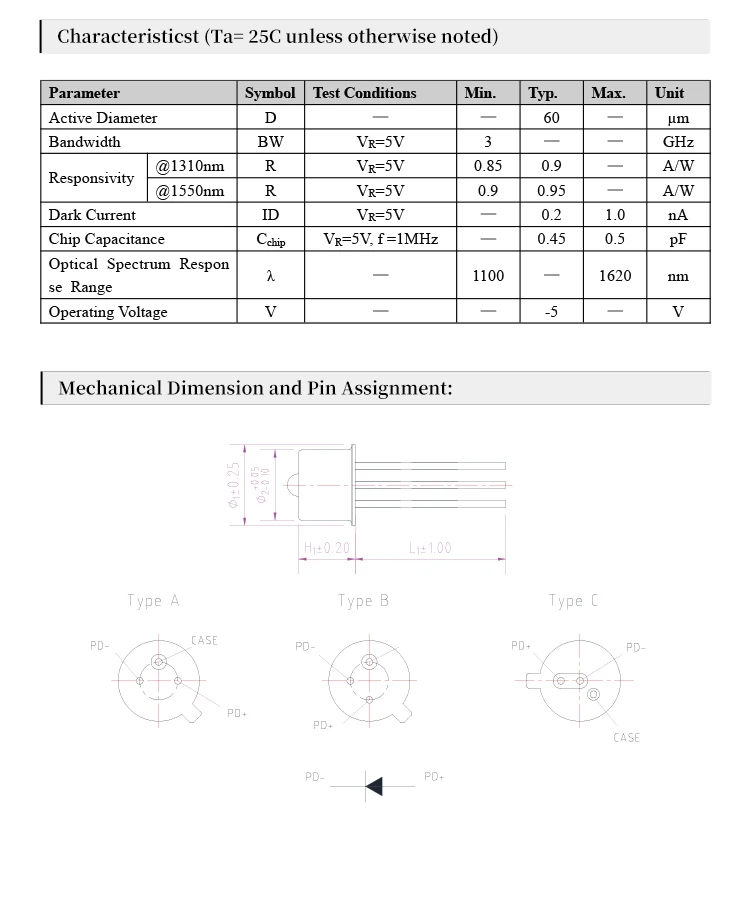 1550nm Pd To46 Package Laser Diode Semiconductor Laser Photodiode ...