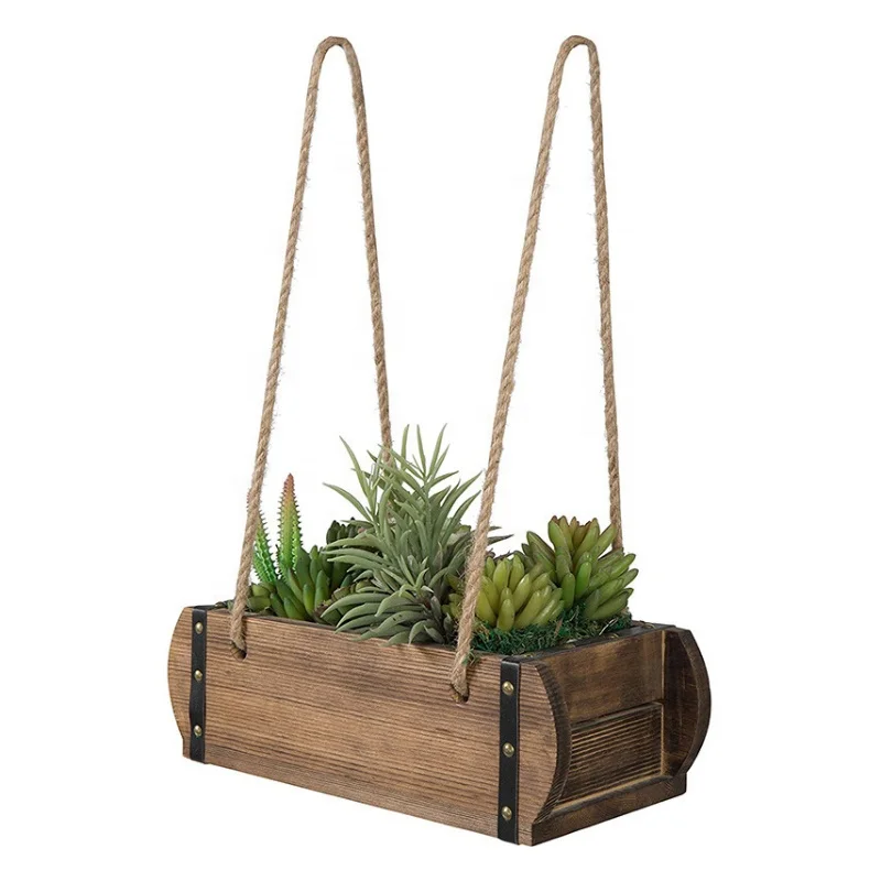 Rustic Hanging Planter Box,Wall Plant Hangers With Rope For Succulent ...