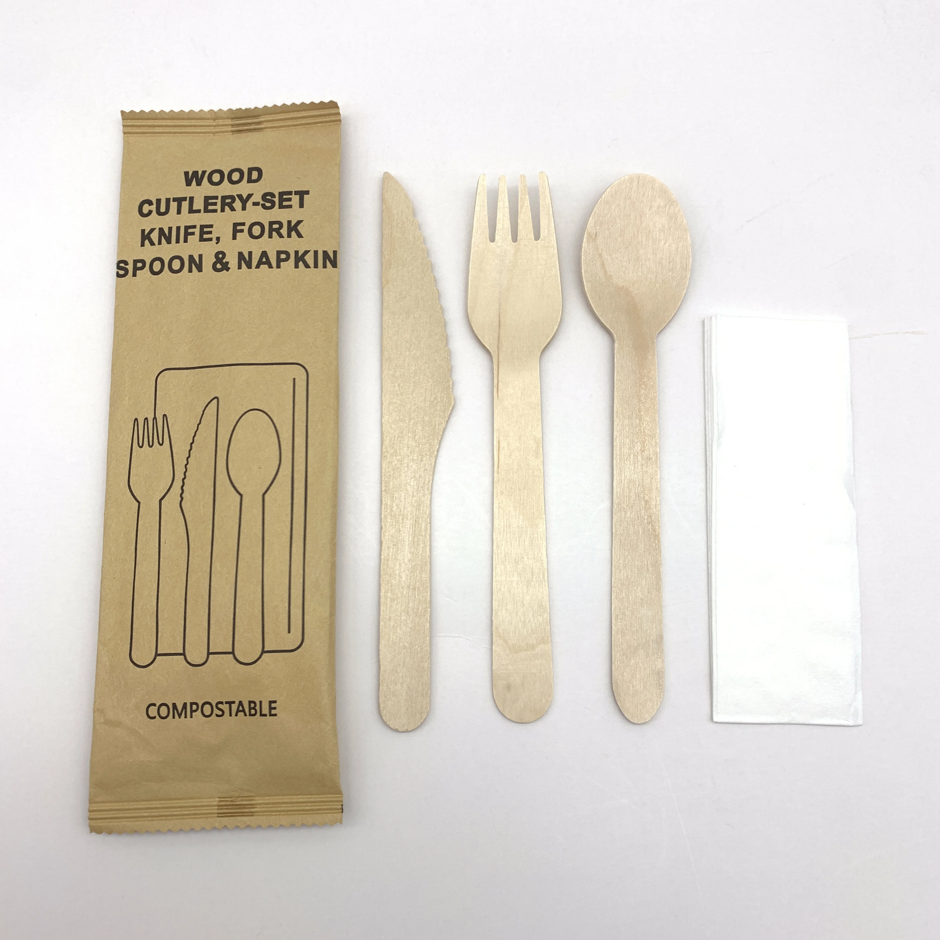 Luxury 4 in 1 wood cutlery set 160mm spoon + Fork + knife + napkin ...