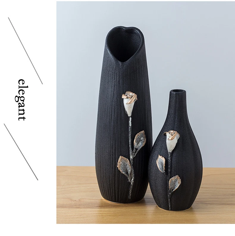 Redeco Hand Pinched Flower Vase - Matte Gold Black Ceramic