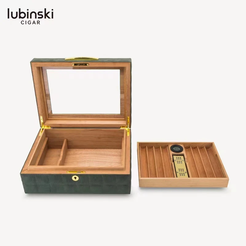 LUBINSKI Mini Cedar Wood Humidor - Classic Leather & Glass Cigar Case ...