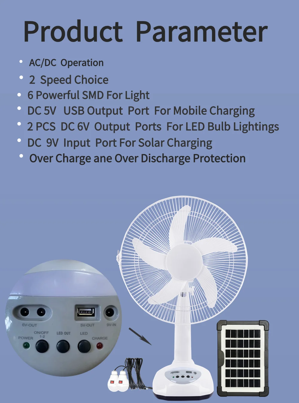 16inch Solar Table Fan Rechargeable Solar Panels Power Battery Standing ...