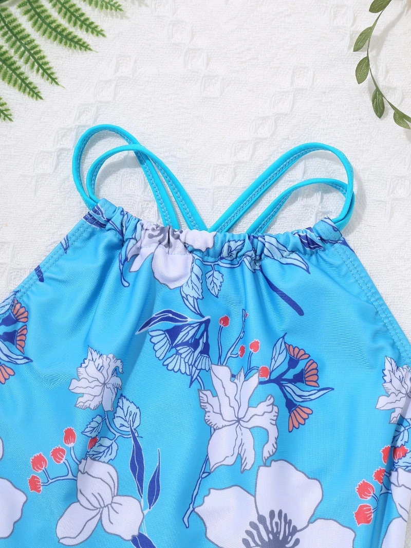 Kids Girls Cross One Piece Shoulder Straps Sleeveless Ruffle Swimwear ...