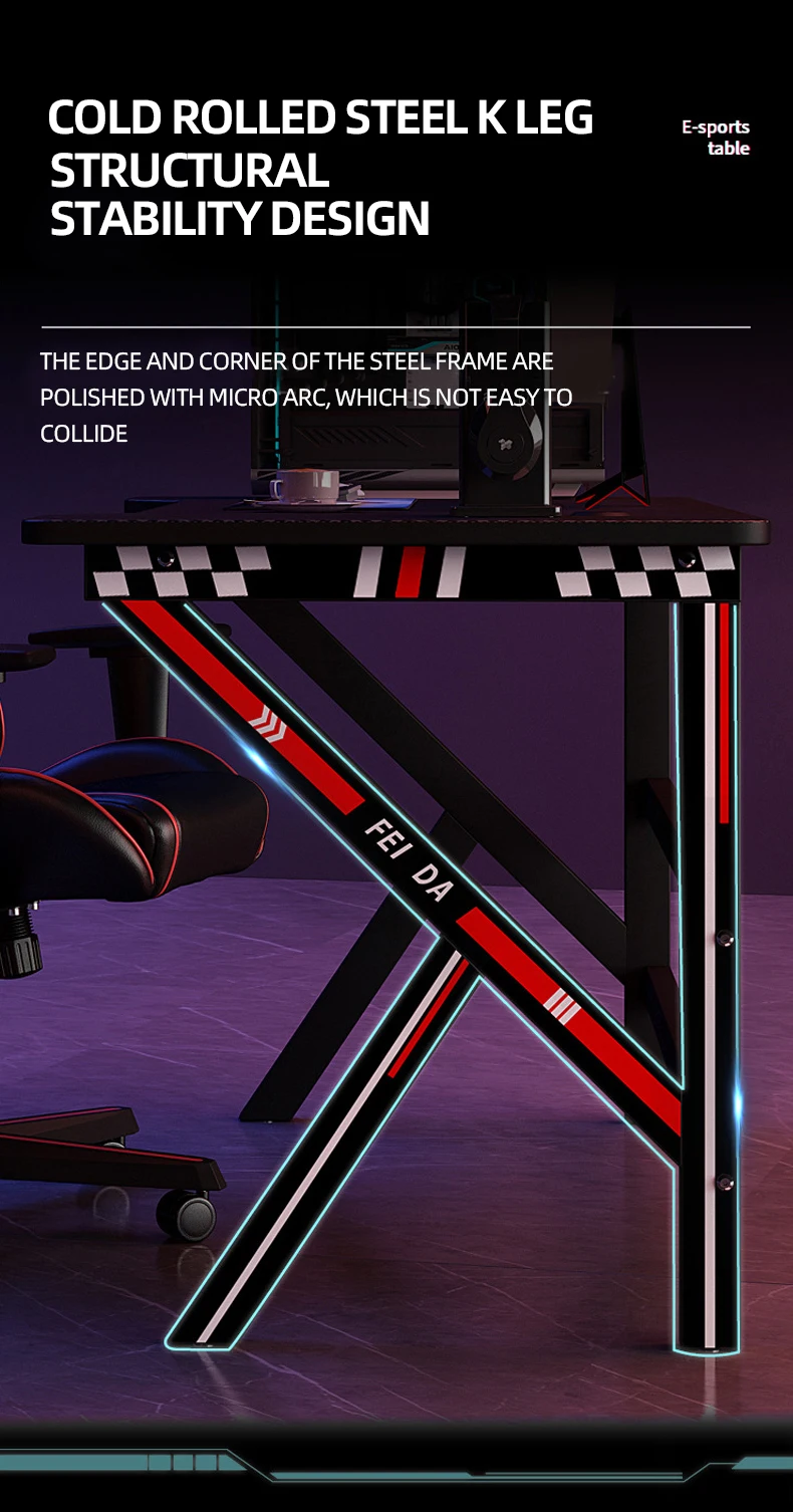 Home Black Office Computer Desk K Shaped Legs Gamer Table Led Light ...