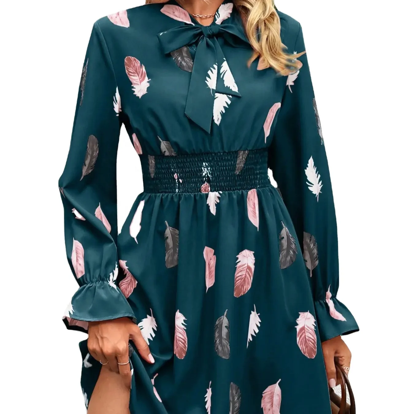 Printed Random Cut Lotus Leaf Swing Waist Long Sleeve Dress For Women ...