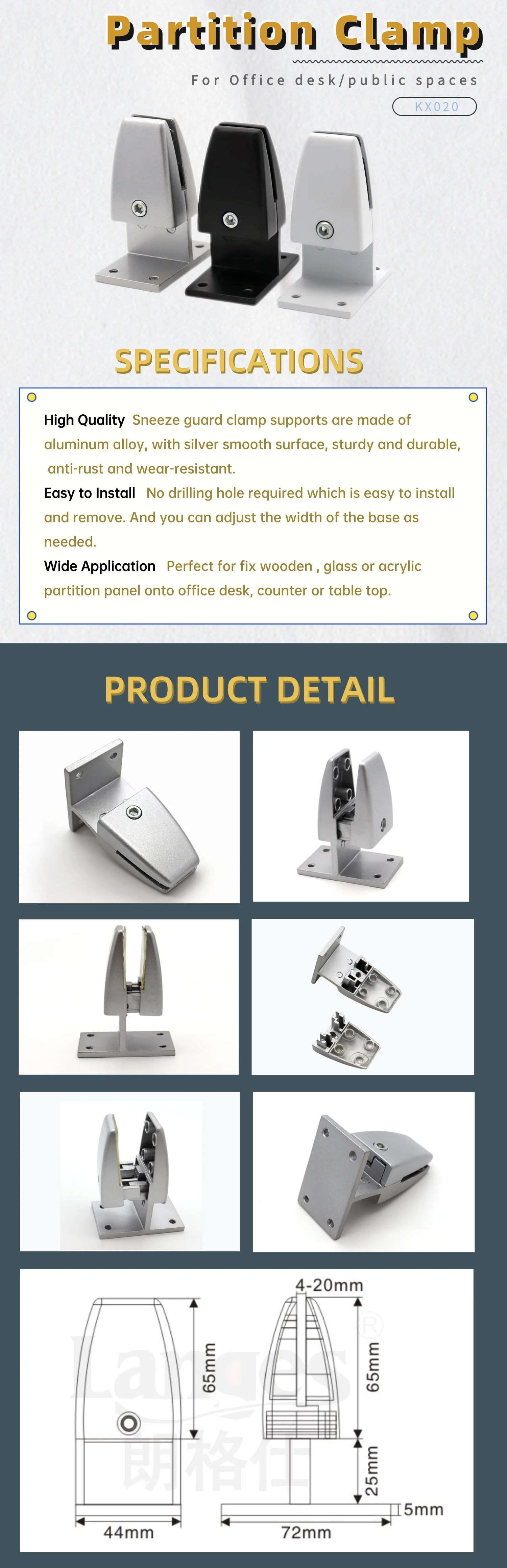 Office Aluminum Alloy Desktop Glass Acrylic Panel Screen Holder Bracket ...