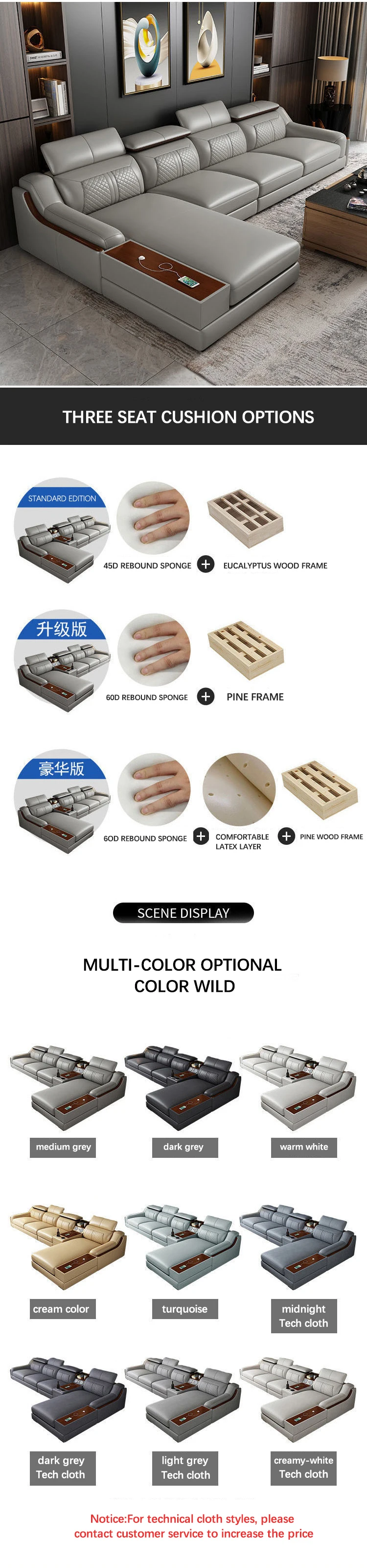 Home Modern Living Room Furniture L Shape Seater Leather Sectional ...