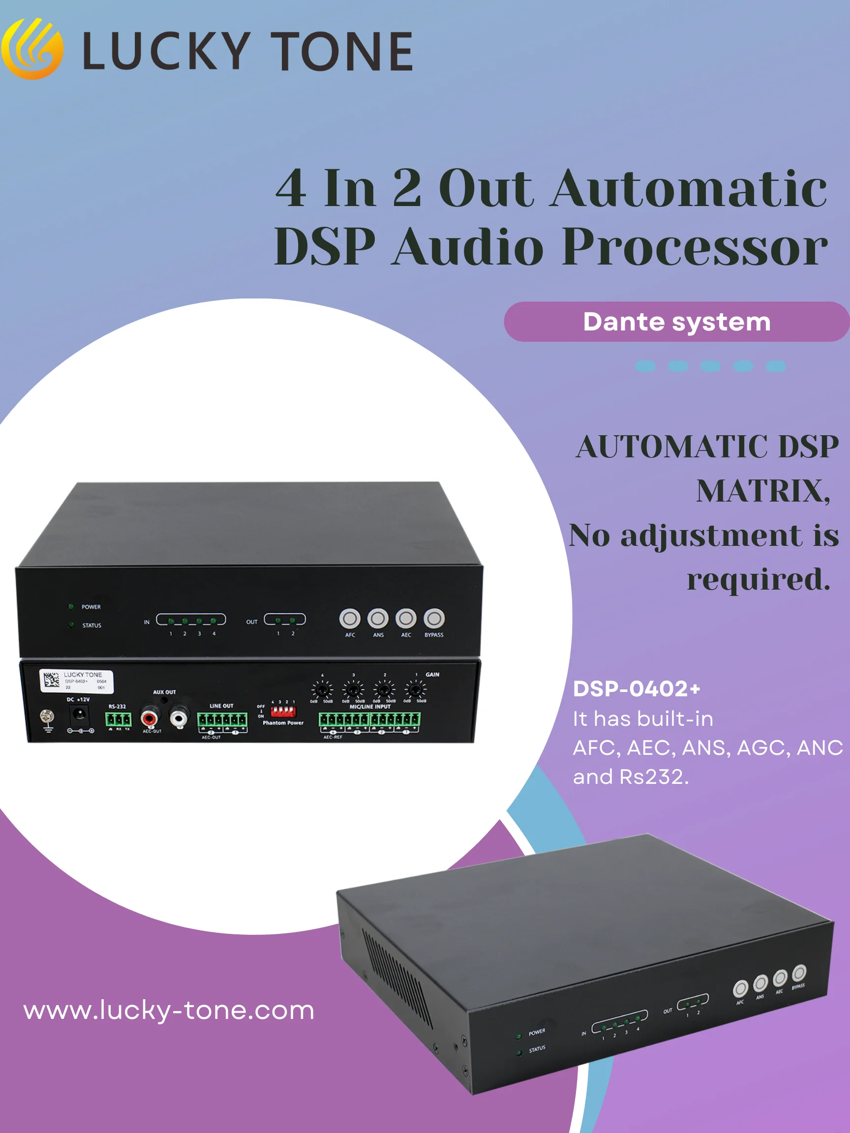 Dante System 4 in 2 Out Automatic DSP Audio Processor