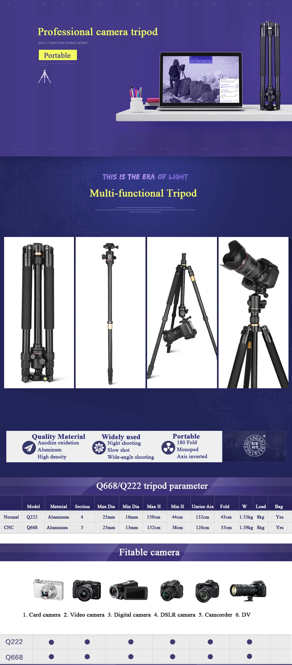 Q222 62'' 8KG Load AluminumTripod Monopod Flexible Travel Tripod Stand ...